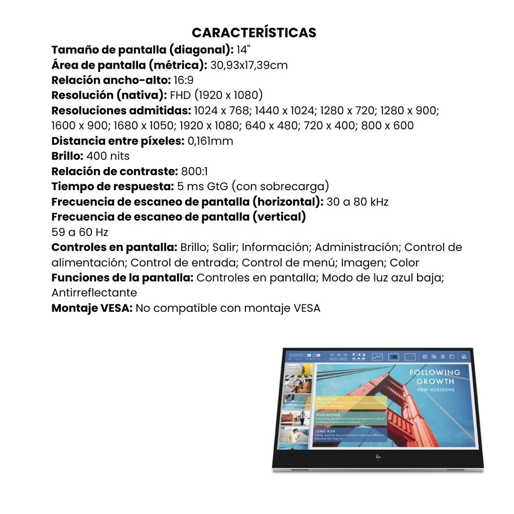 HP E14 G4 Monitor Portátil 14" Full HD USB-C 1B065AA | Castor Data